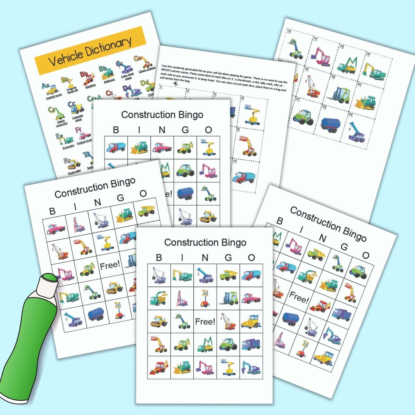Printable Construction Vehicle Bingo for Children - The Artisan Life