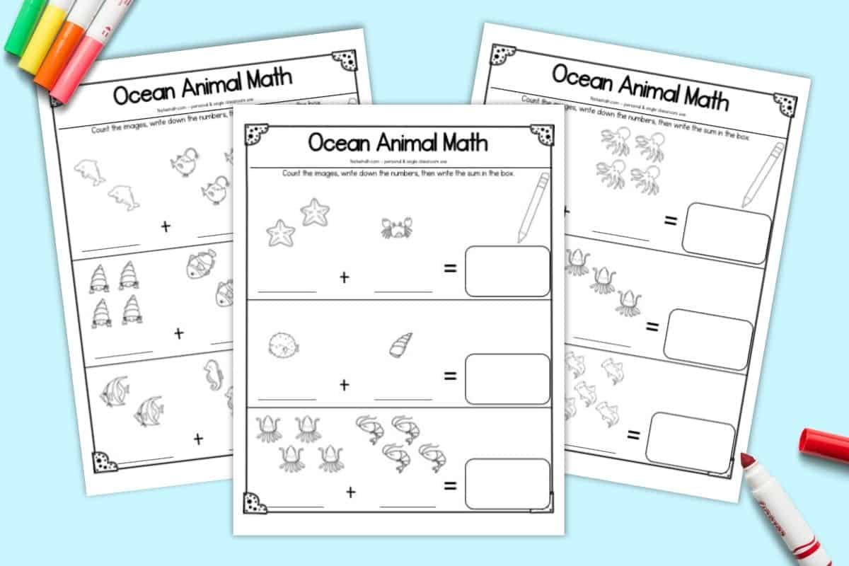Free Printable Ocean Animal Addition Worksheets 1-10 - The Artisan Life
