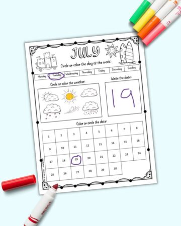 Free Printable July Calendar Worksheet for Kids - The Artisan Life
