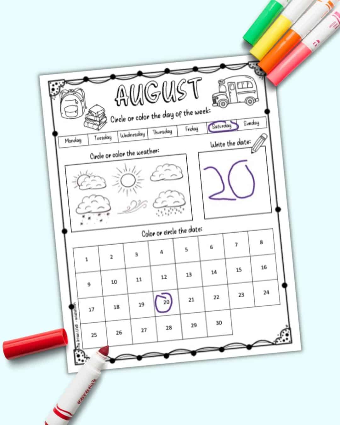 Free Printable August Calendar Worksheet for Kids - The Artisan Life