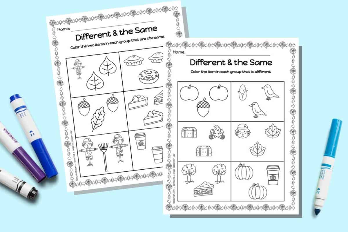 Free Printable Fall Themed Different and the Same Worksheets - The ...