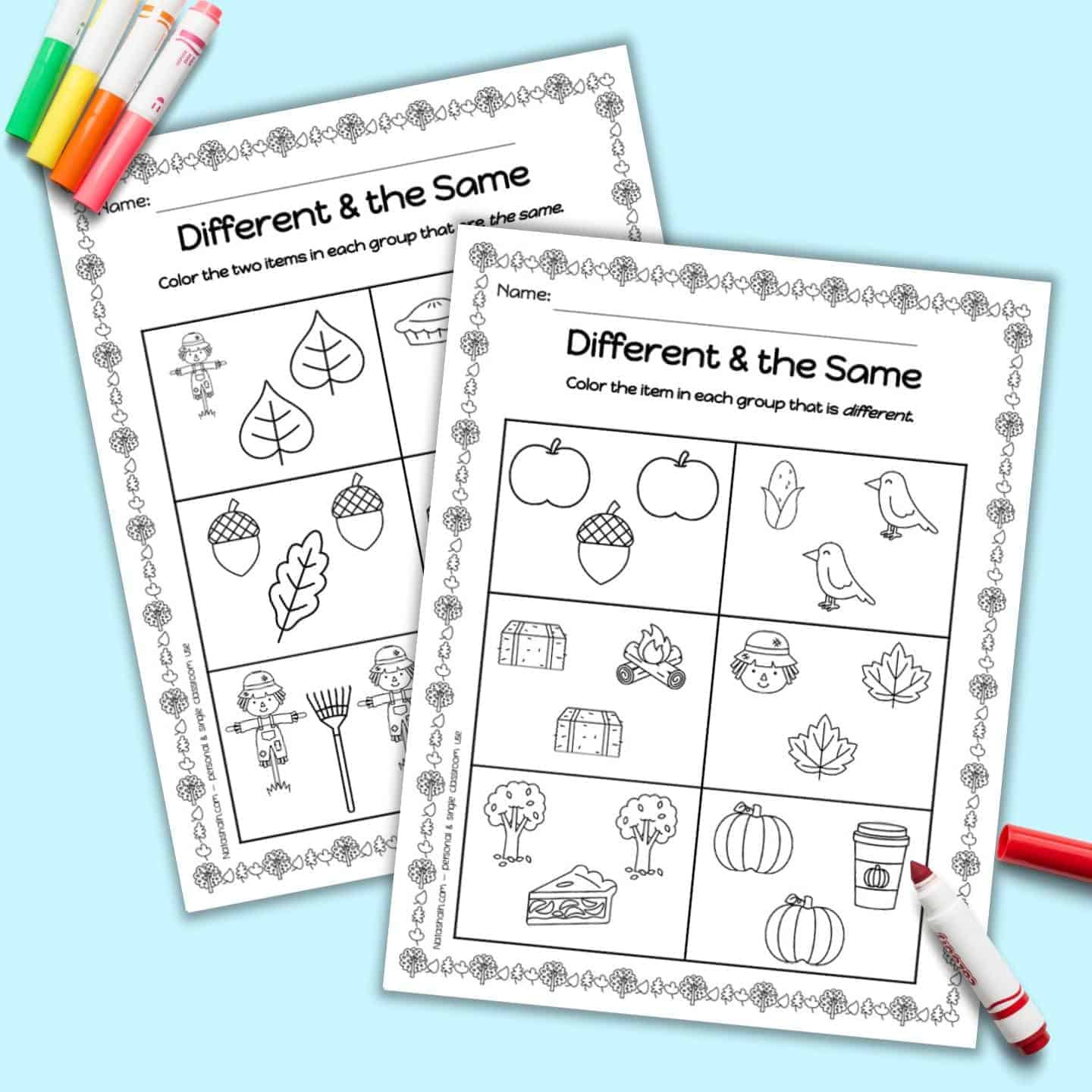 Free Printable Fall Themed Different and the Same Worksheets - The ...