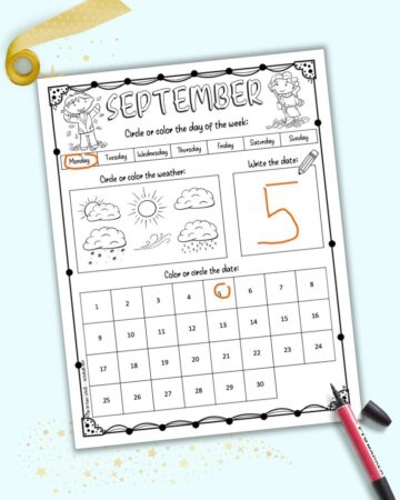 Free Printable September Calendar Worksheet for Kids - The Artisan Life