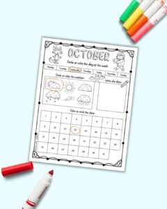 Free Printable October Calendar Worksheet for Kids - The Artisan Life