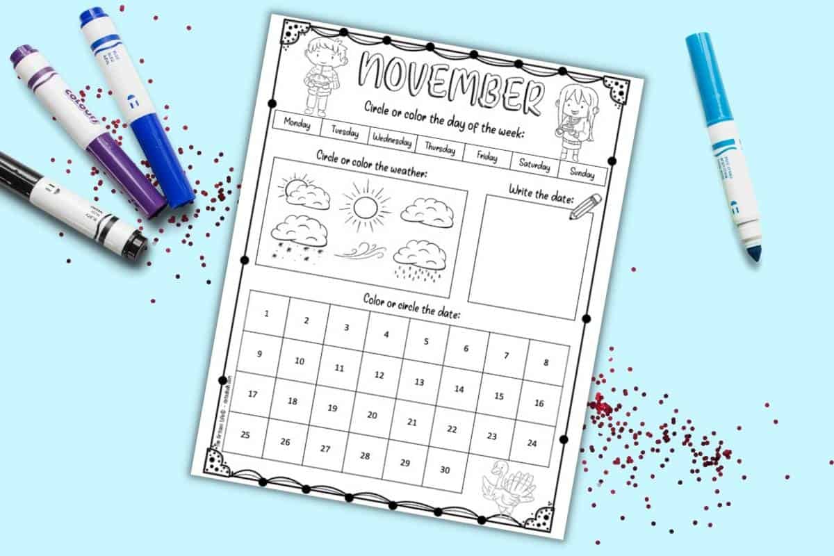 Free Printable November Calendar Worksheet for Kids - The Artisan Life