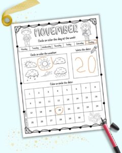 Free Printable November Calendar Worksheet for Kids - The Artisan Life