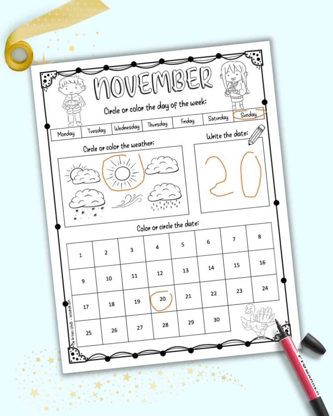 Free Printable November Calendar Worksheet for Kids - The Artisan Life