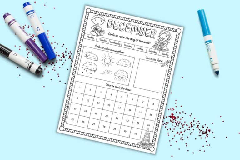 Free Printable December Calendar Worksheet for Kids - The Artisan Life
