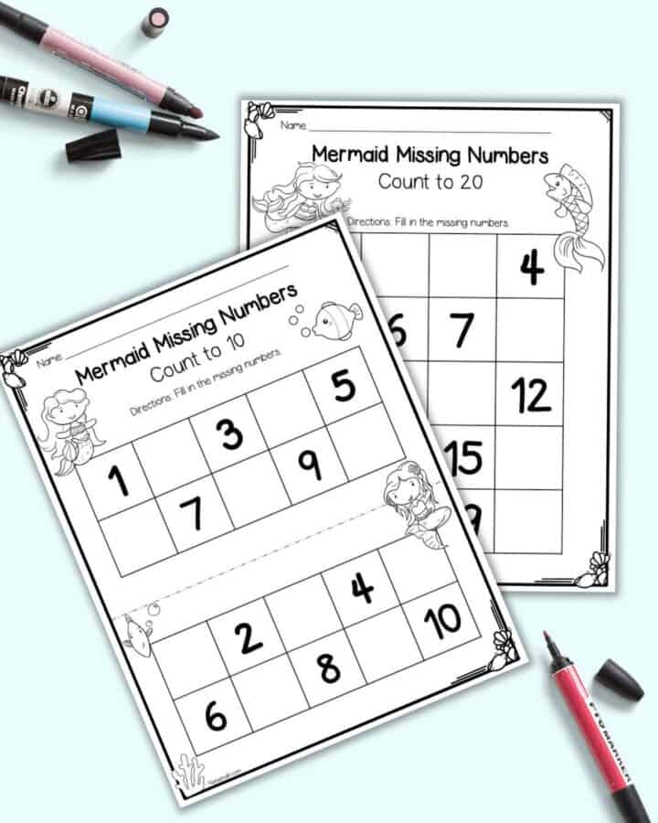 Mermaid Theme Missing Number Worksheets - The Artisan Life