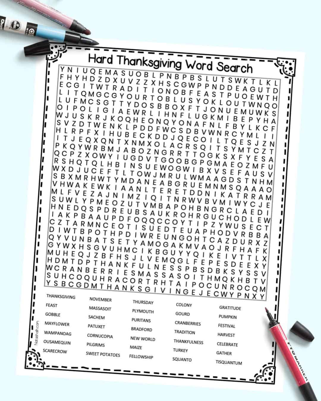 Thanksgiving Word Search Hard Printable - The Artisan Life