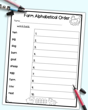 Free Printable Farm Theme Alphabetizing Worksheet - The Artisan Life