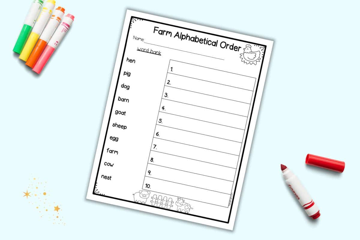 Free Printable Farm Theme Alphabetizing Worksheet - The Artisan Life