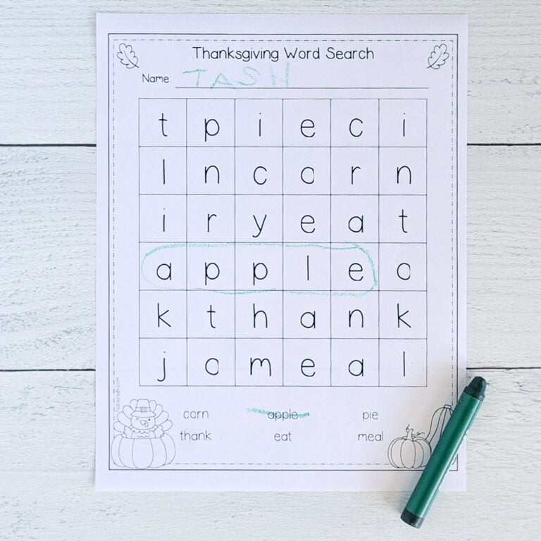 Printable Thanksgiving Word Search for Kindergarten - The Artisan Life