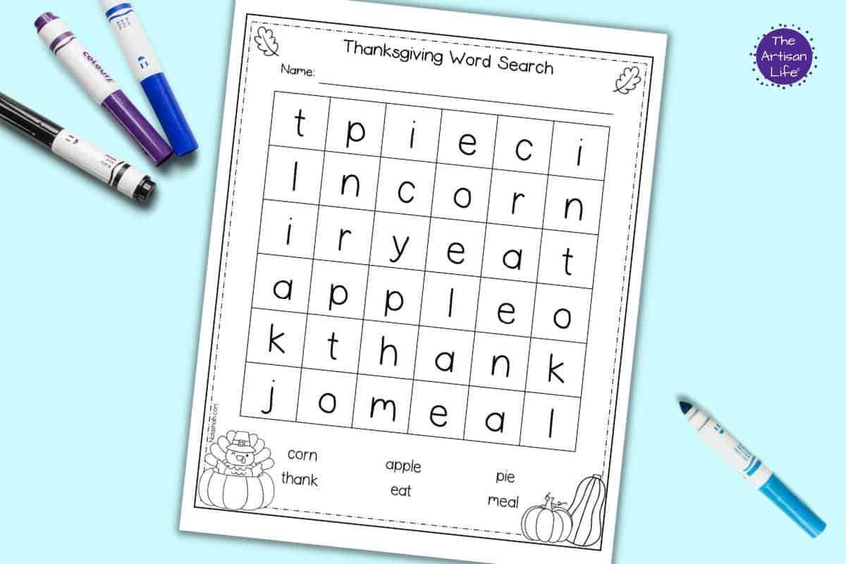 Printable Thanksgiving Word Search for Kindergarten - The Artisan Life