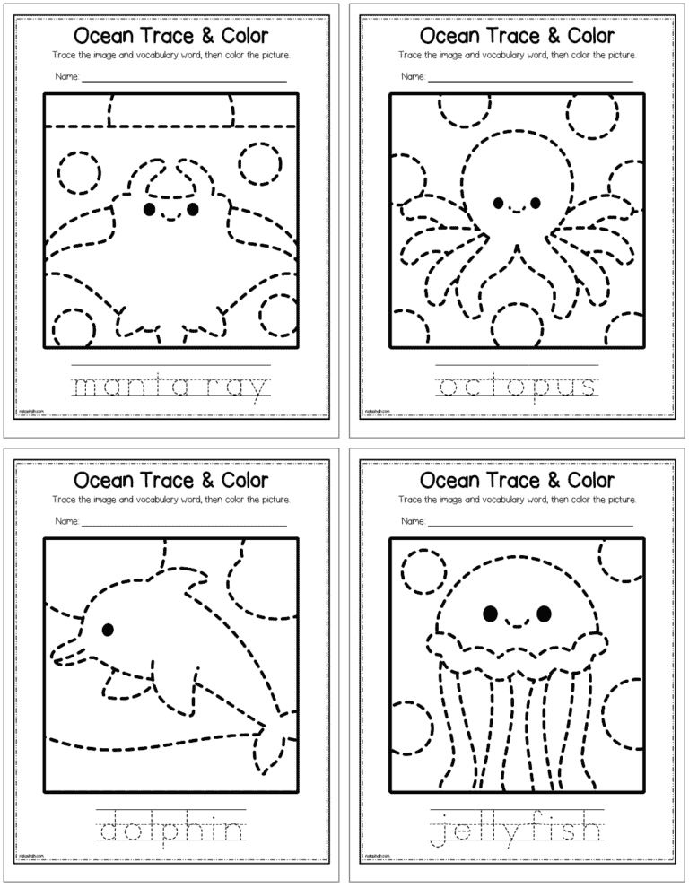 Ocean Animals Tracing and Coloring Pages - The Artisan Life