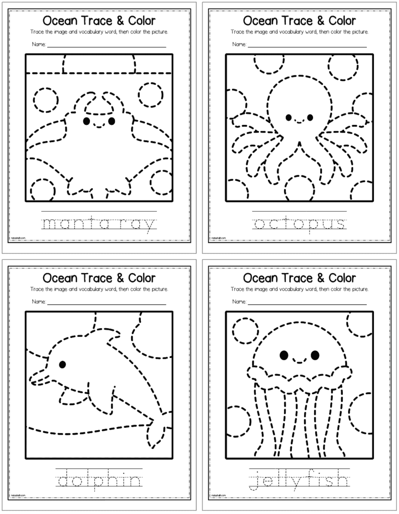 Ocean Animals Tracing and Coloring Pages - The Artisan Life