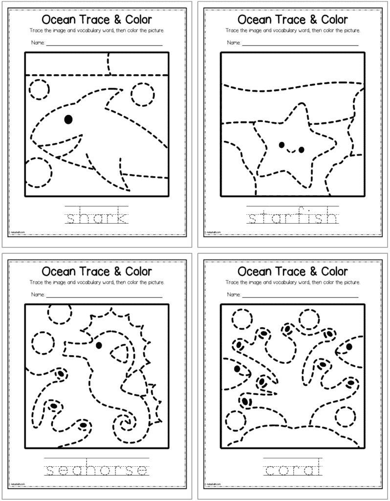 Ocean Animals Tracing and Coloring Pages - The Artisan Life