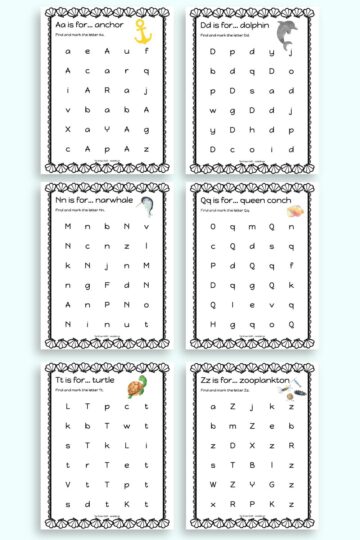 Free Printable Ocean Alphabet Find the Letters Worksheets - The Artisan ...