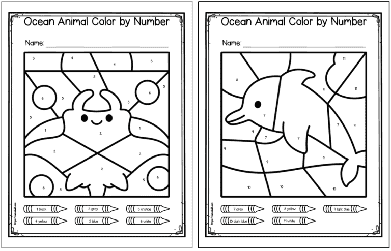 Free Printable Ocean Animal Color by Number Worksheets 1-20 - The ...