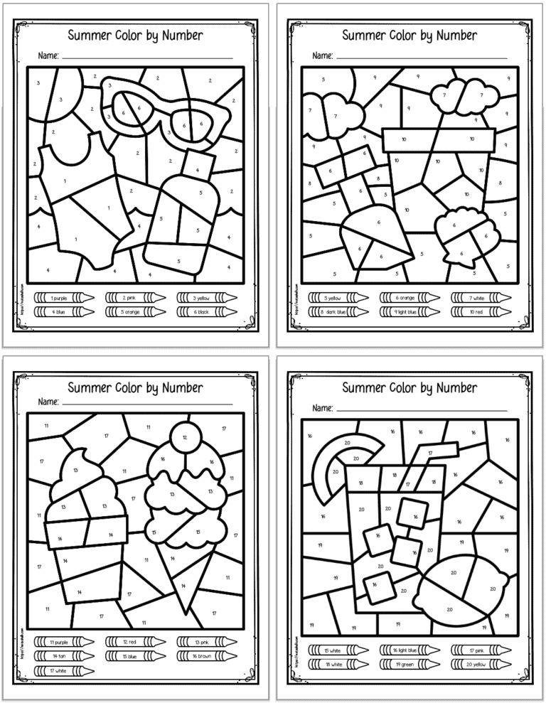 Free Printable Summer Color by Number Worksheets 1-20 - The Artisan Life