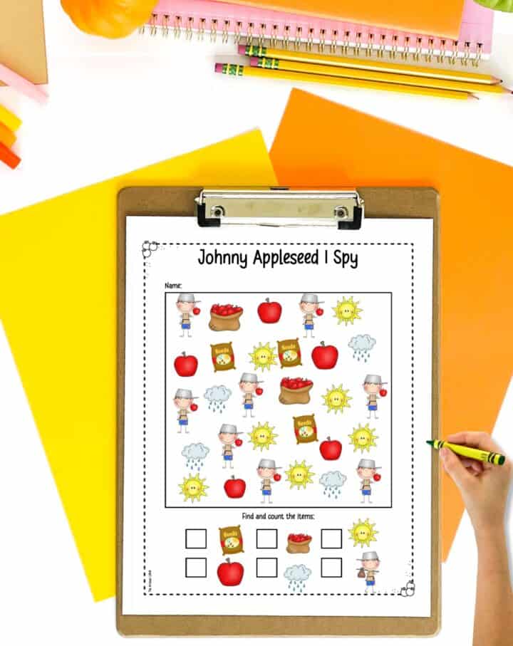 Free Printable Johnny Appleseed I Spy Worksheet - The Artisan Life