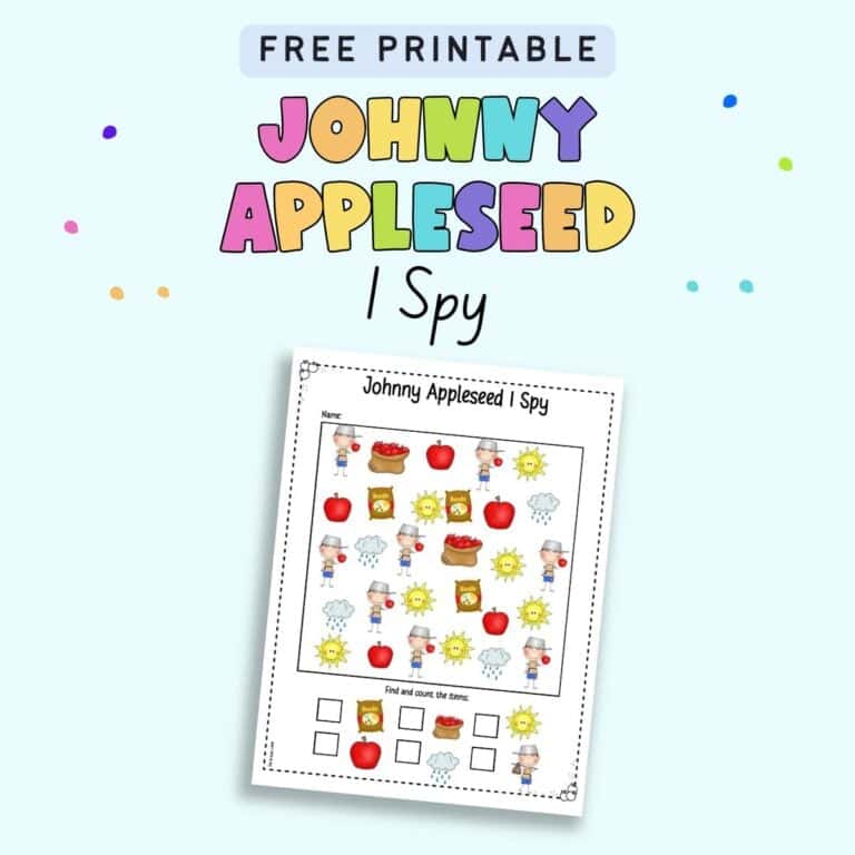 Free Printable Johnny Appleseed I Spy Worksheet - The Artisan Life