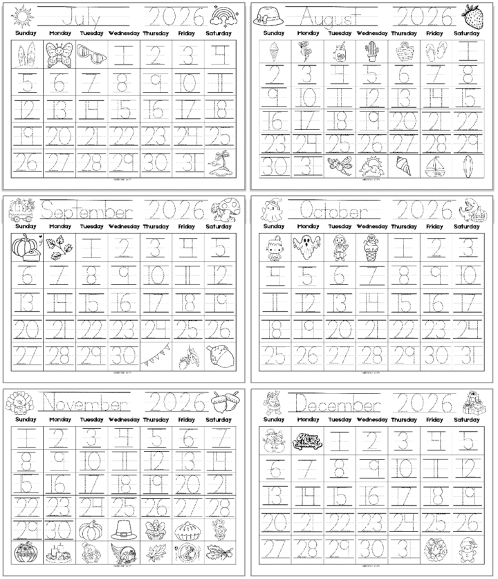 Free Printable Traceable Calendars for Kids - The Artisan Life