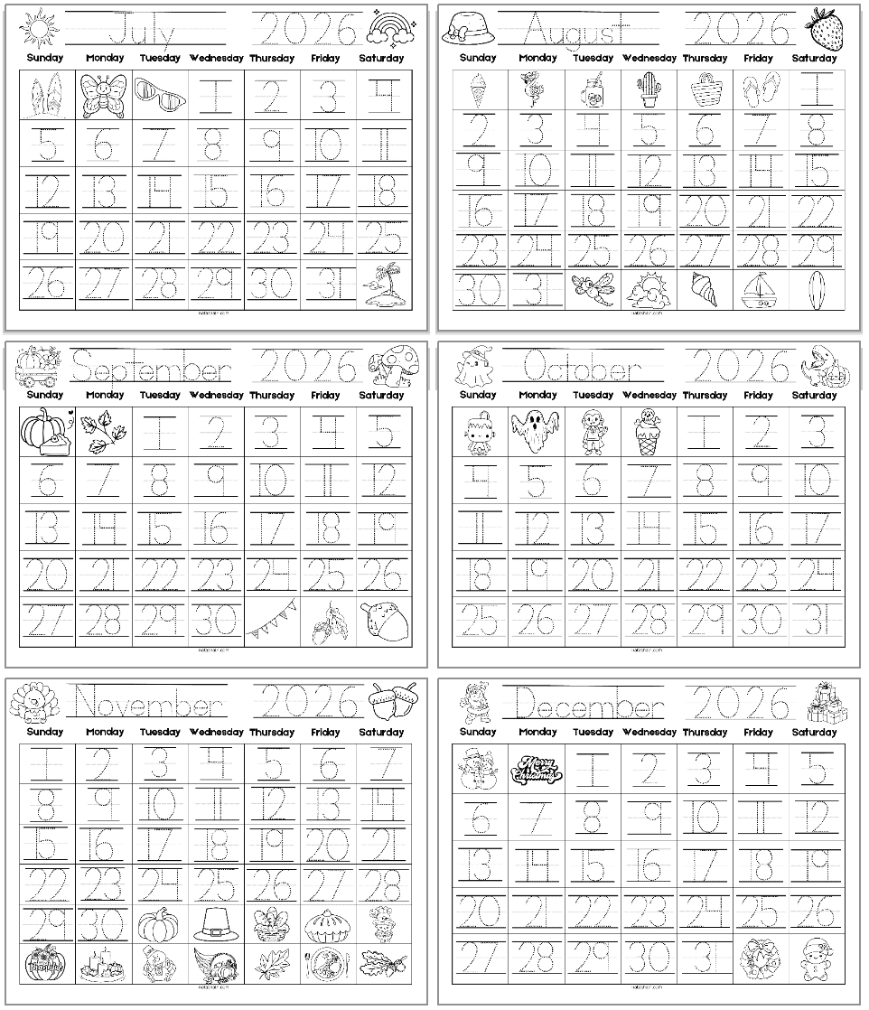 Free Printable Traceable Calendars for Kids - The Artisan Life