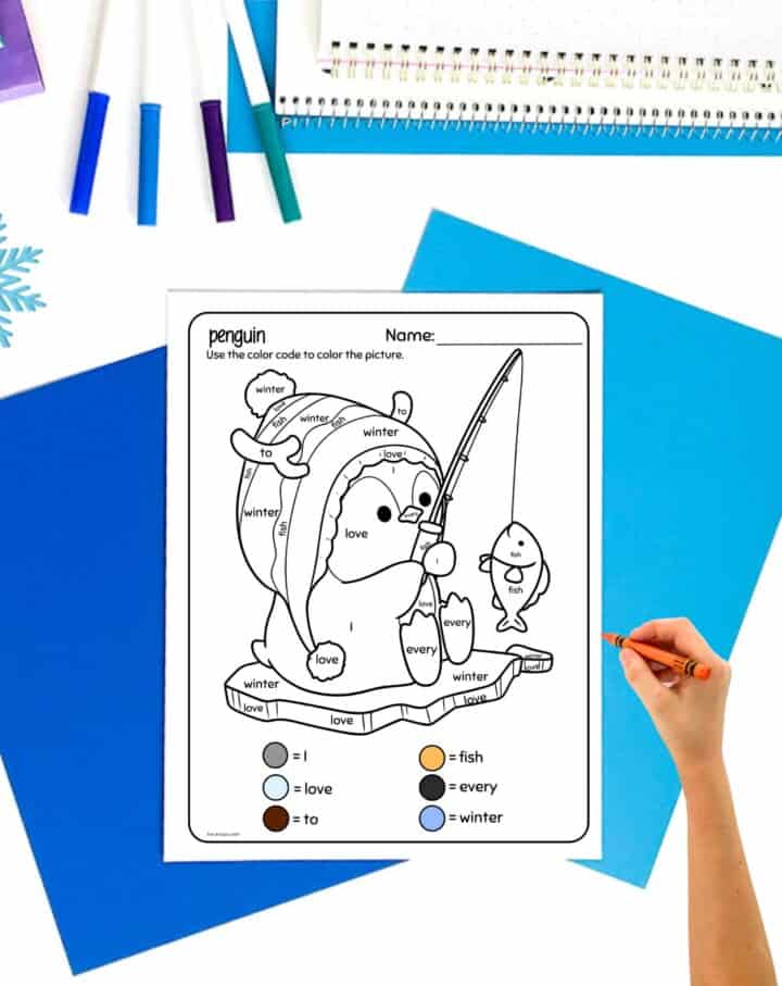 Free Printable Winter Color by Sight Word Worksheets - The Artisan Life