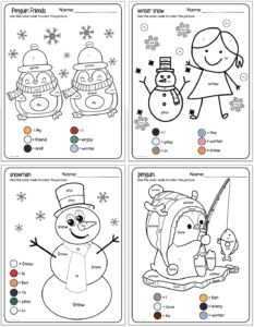 Free Printable Winter Color by Sight Word Worksheets - The Artisan Life