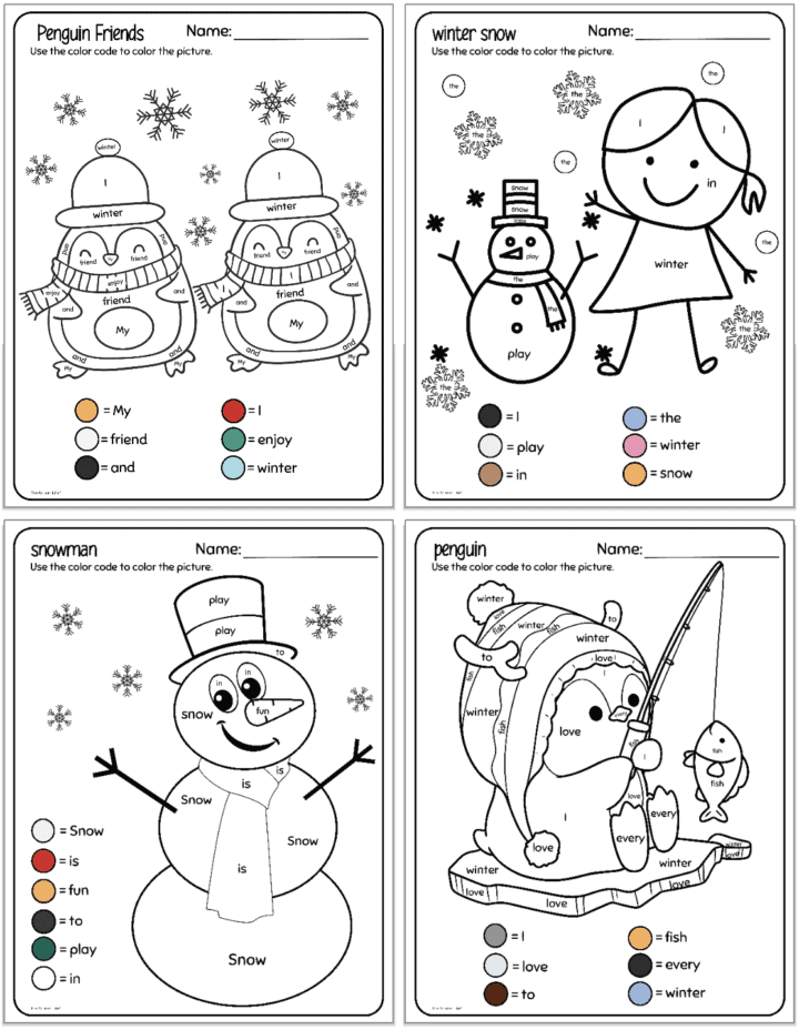 Free Printable Winter Color by Sight Word Worksheets - The Artisan Life