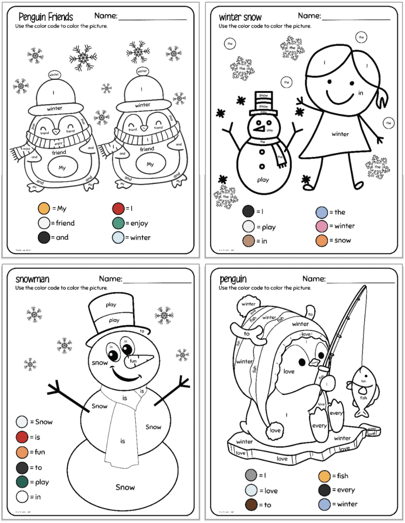 Free Printable Winter Color by Sight Word Worksheets - The Artisan Life