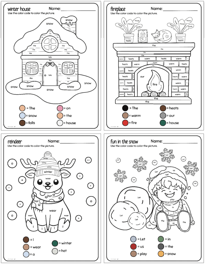Free Printable Winter Color by Sight Word Worksheets - The Artisan Life