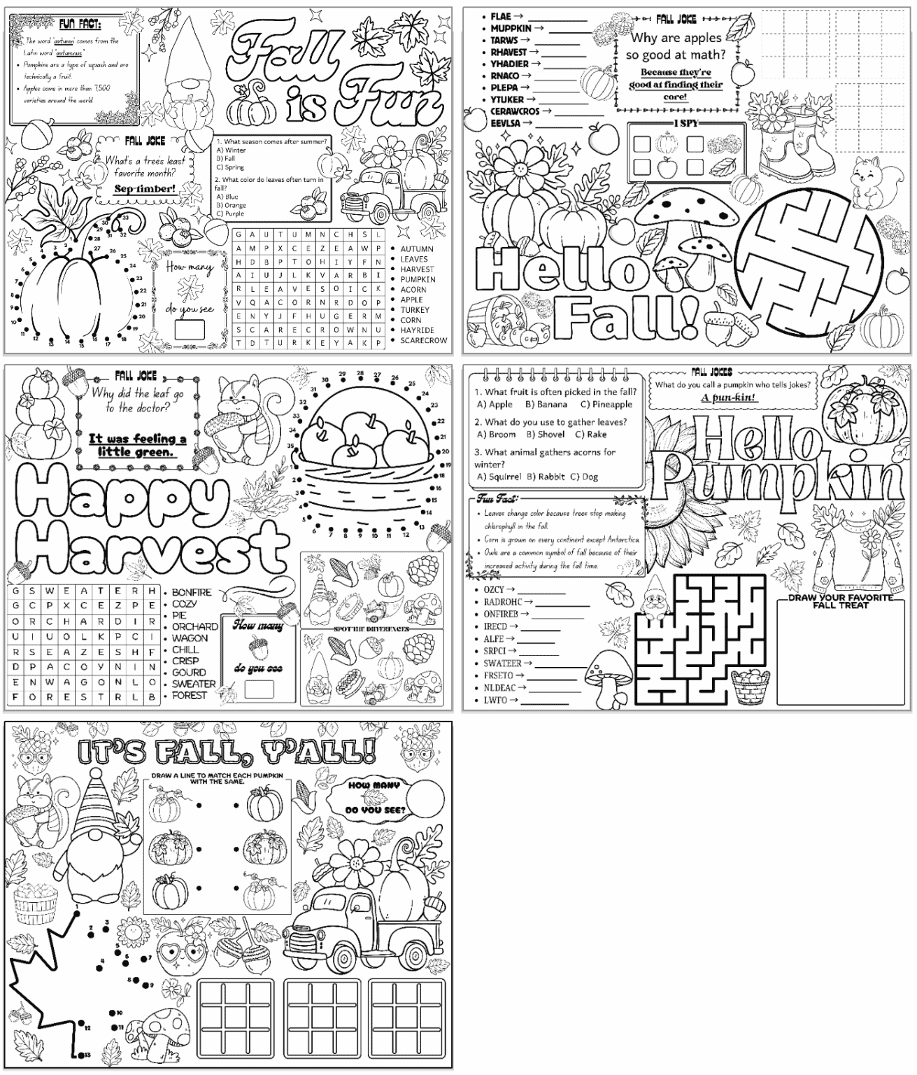 Free Printable Fall Harvest Activity Placemats - The Artisan Life